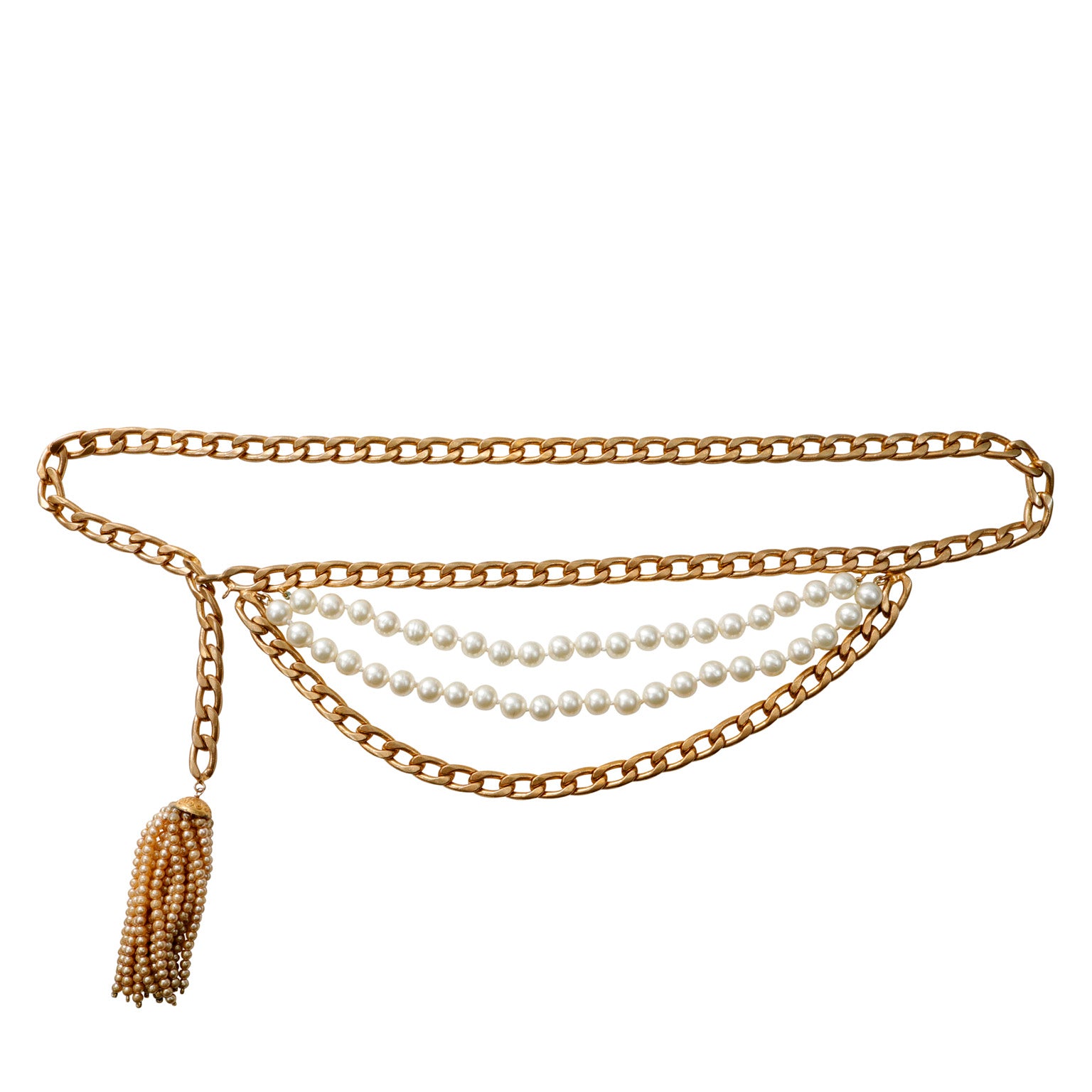 Chanel Double Pearl & Chain Necklace Belt with Pearl Tassel – Only ...